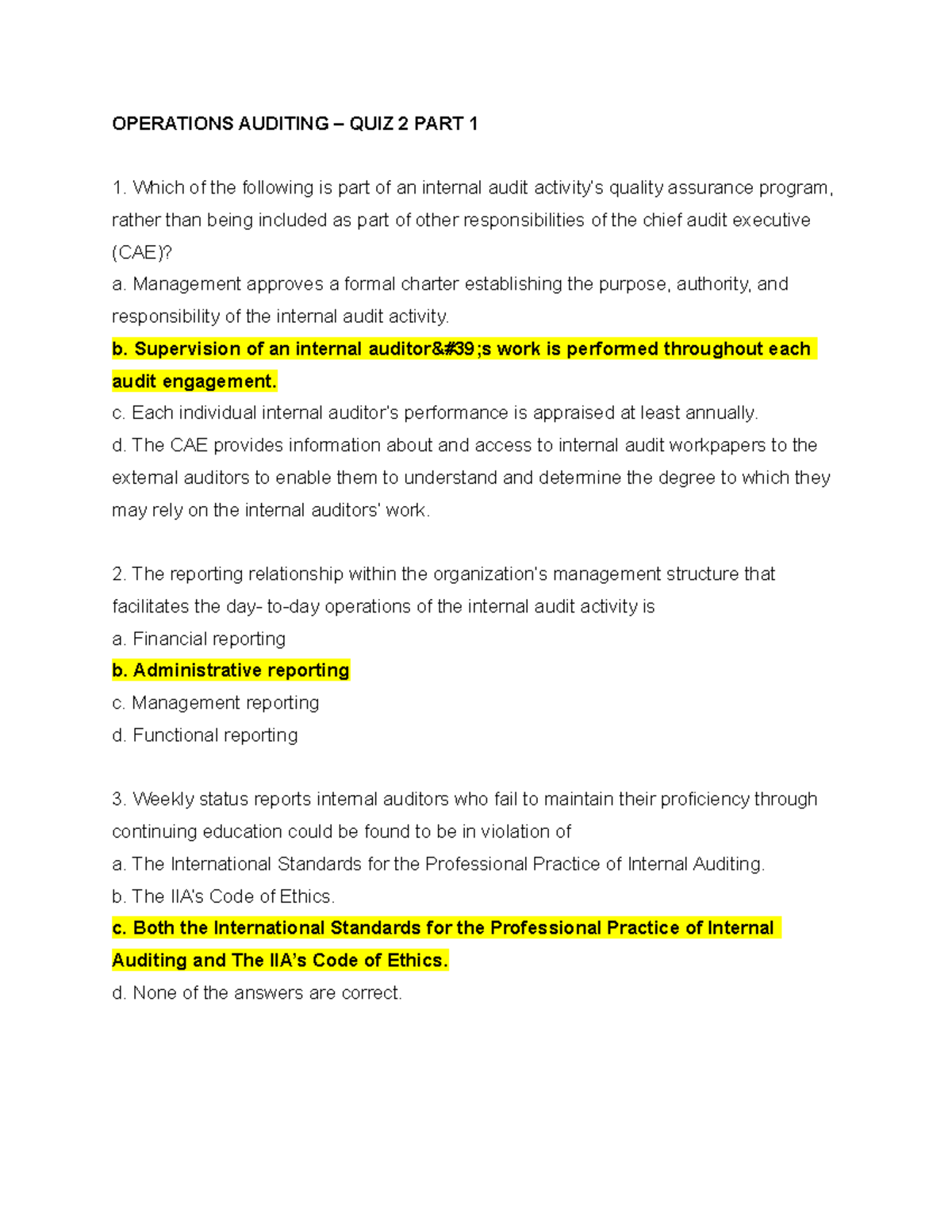 Operations Auditing – QUIZ 2 PART 1 - OPERATIONS AUDITING – QUIZ 2 PART 1 Which of the following ...