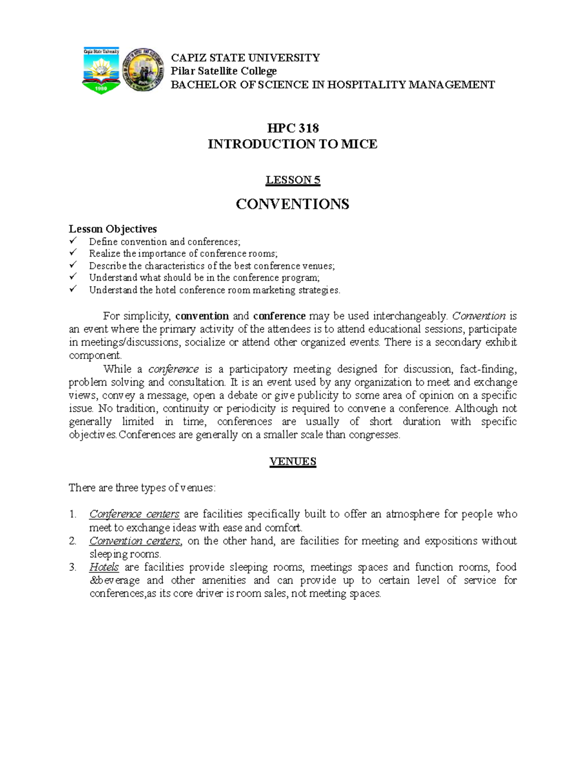 Lesson 5 Module in MICE - Mice - Pilar Satellite College BACHELOR OF SCIENCE IN HOSPITALITY ...