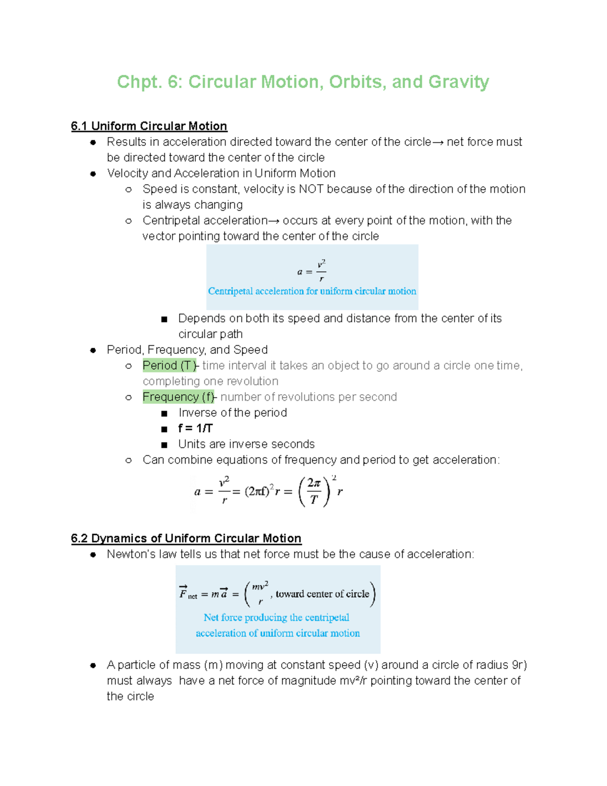 Chapter 6 notes - Chpt. 6: Circular Motion, Orbits, and Gravity 6 ...