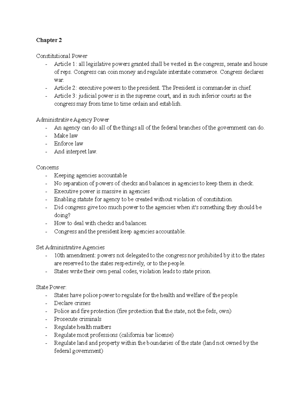 Chapter 2 Notes - Chapter 2 Constitutional Power - Article 1: all ...