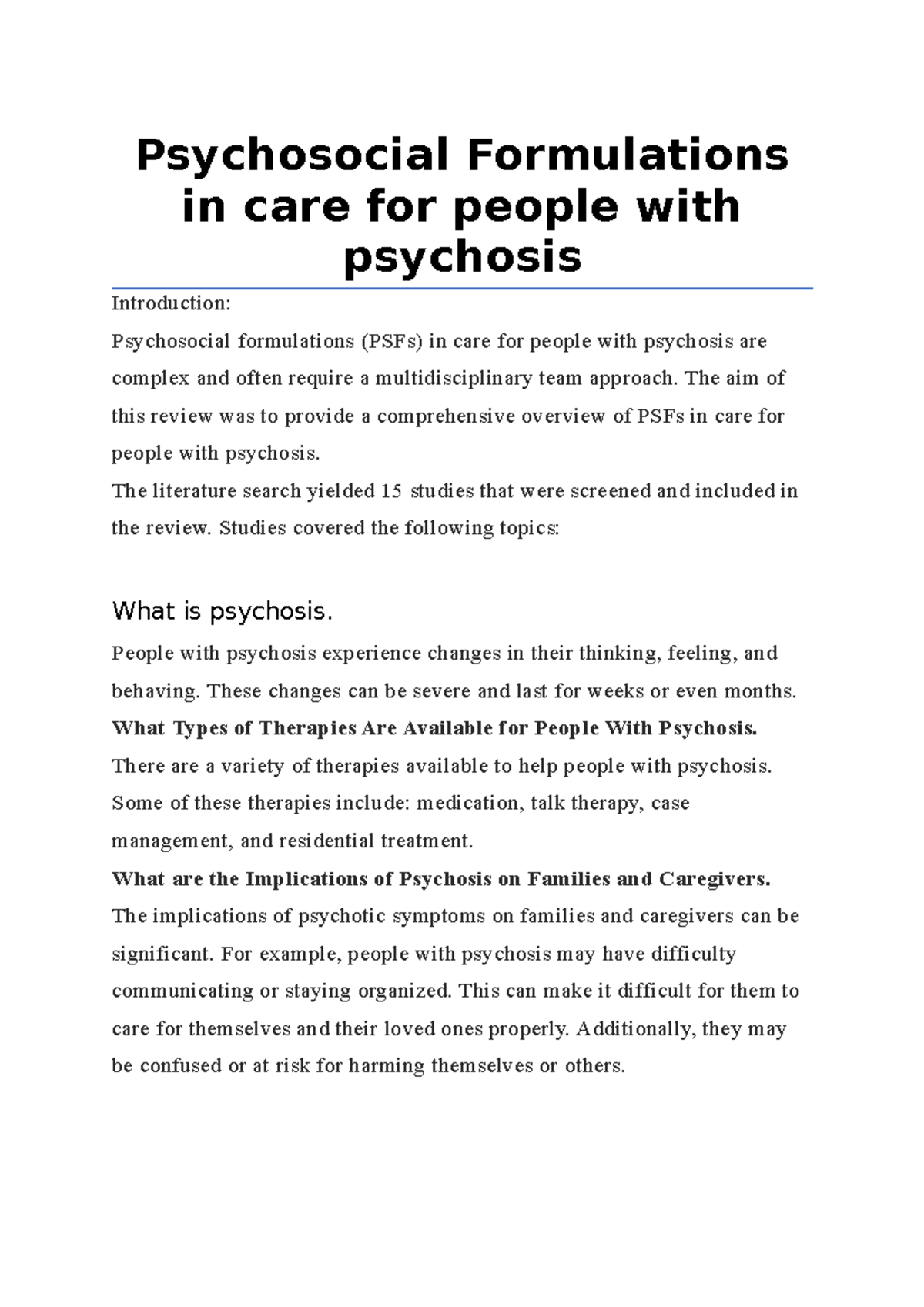Psychosocial Formulations in care for people with psychosis ...