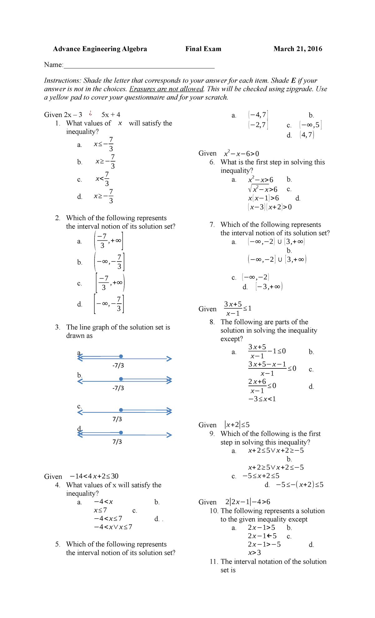AEA Final - College Algebra - Advance Engineering Algebra Final Exam ...