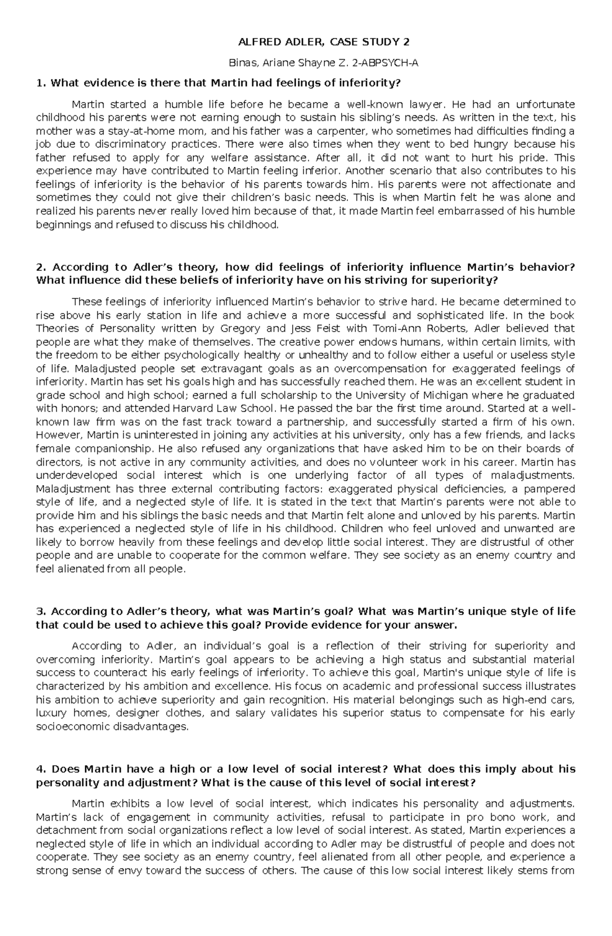 Adler, case study 2 - Binas, Ariane Shayne - ALFRED ADLER, CASE STUDY 2 Binas, Ariane Shayne Z ...