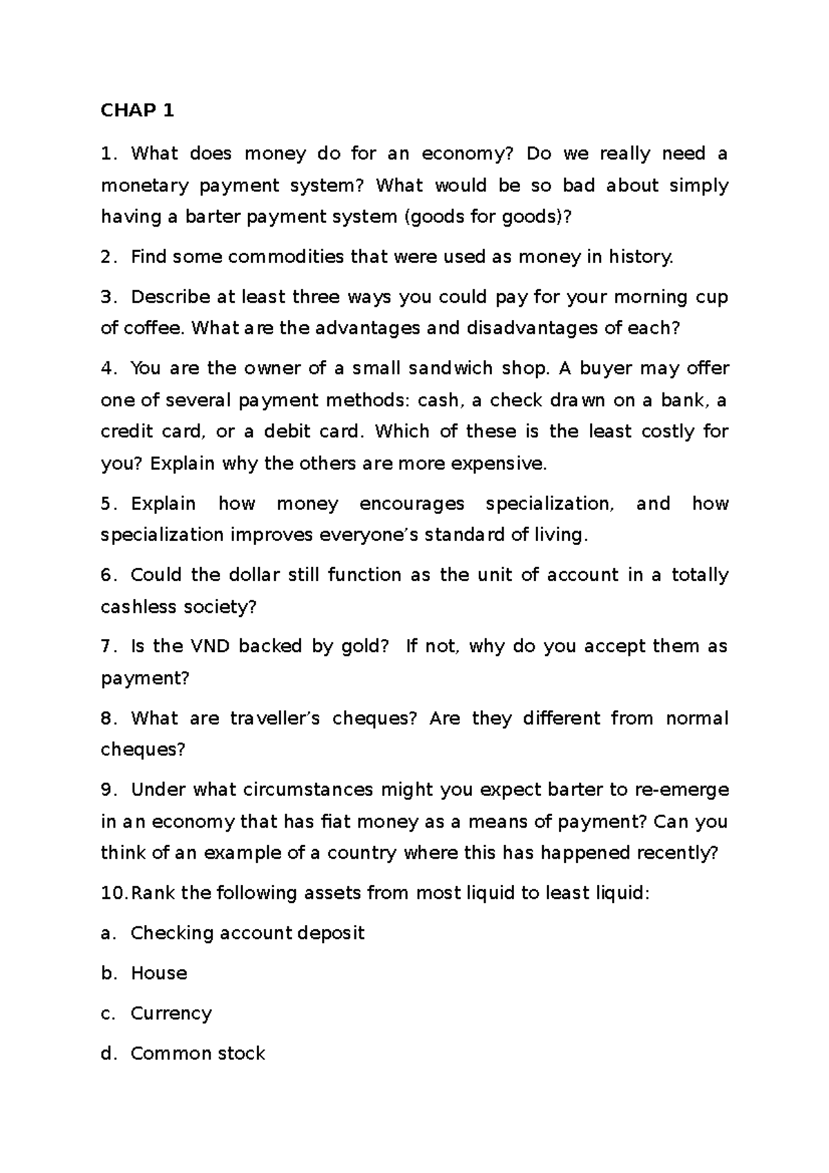 Money - Banking - questions - CHAP 1 What does money do for an economy ...
