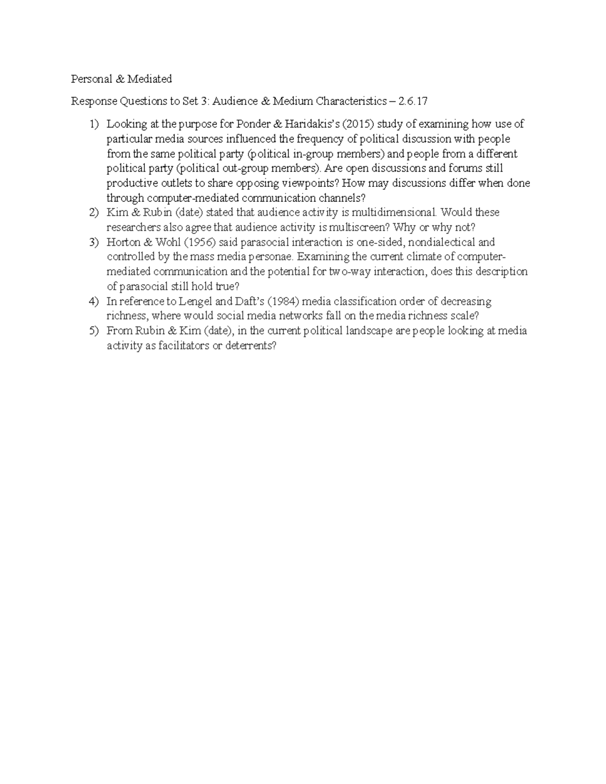 Response Questions 2 - Personal & Mediated Response Questions to Set 3 ...