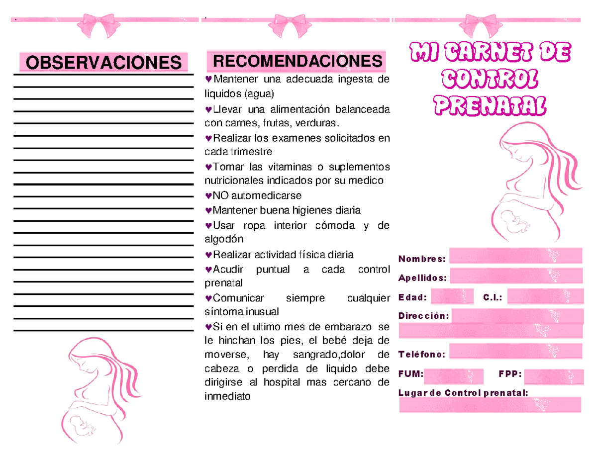 Carnet DE Control Prenatal - . OBSERVACIONES . RECOMENDACIONES Mantener ...