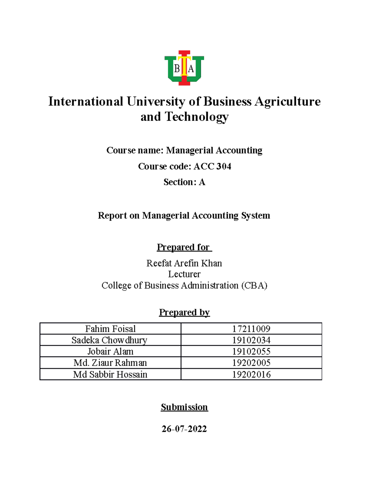 Acc304(A) - This is a managerial accounting assignment. - International ...