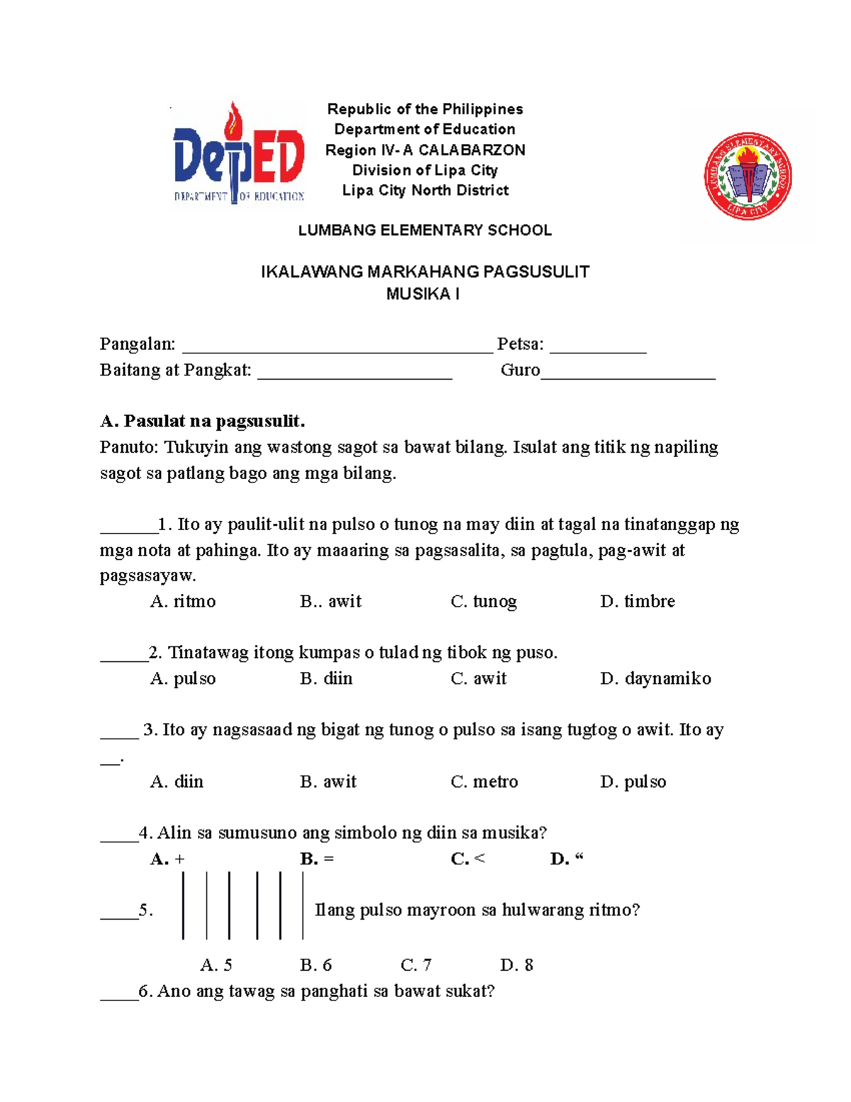 PT Musika 1 Q2 - Sample Periodic Test Melc based - Republic of the ...