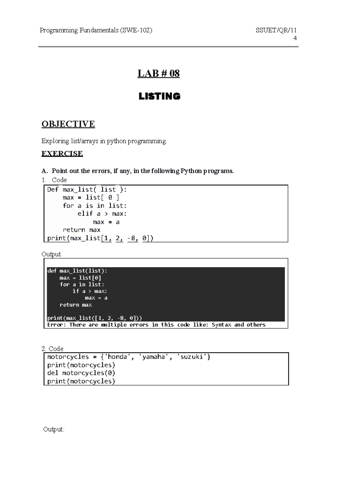 Swe 102 Lab 08 J4krj 4 Lab 08 Listing Objective Exploring List Arrays In Python