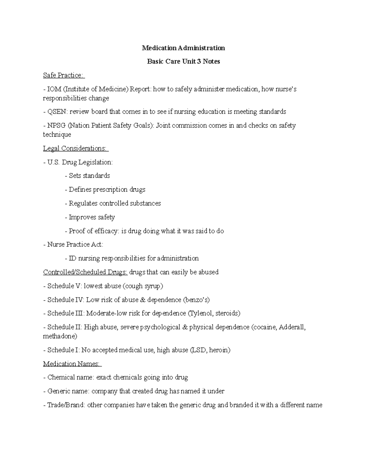 Basic Care Unit 3 Notes Medication Admin - Medication Administration ...