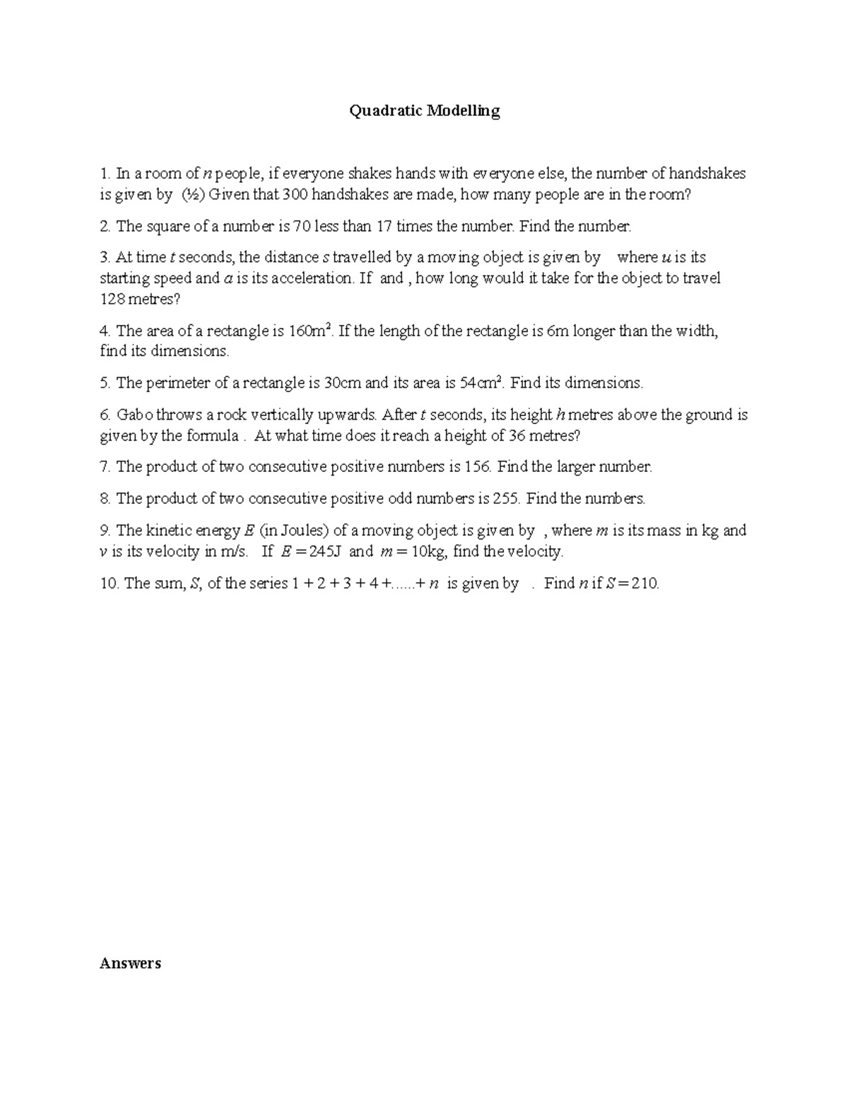 Quadratic Modelling - ok - Quadratic Modelling In a room of n people ...