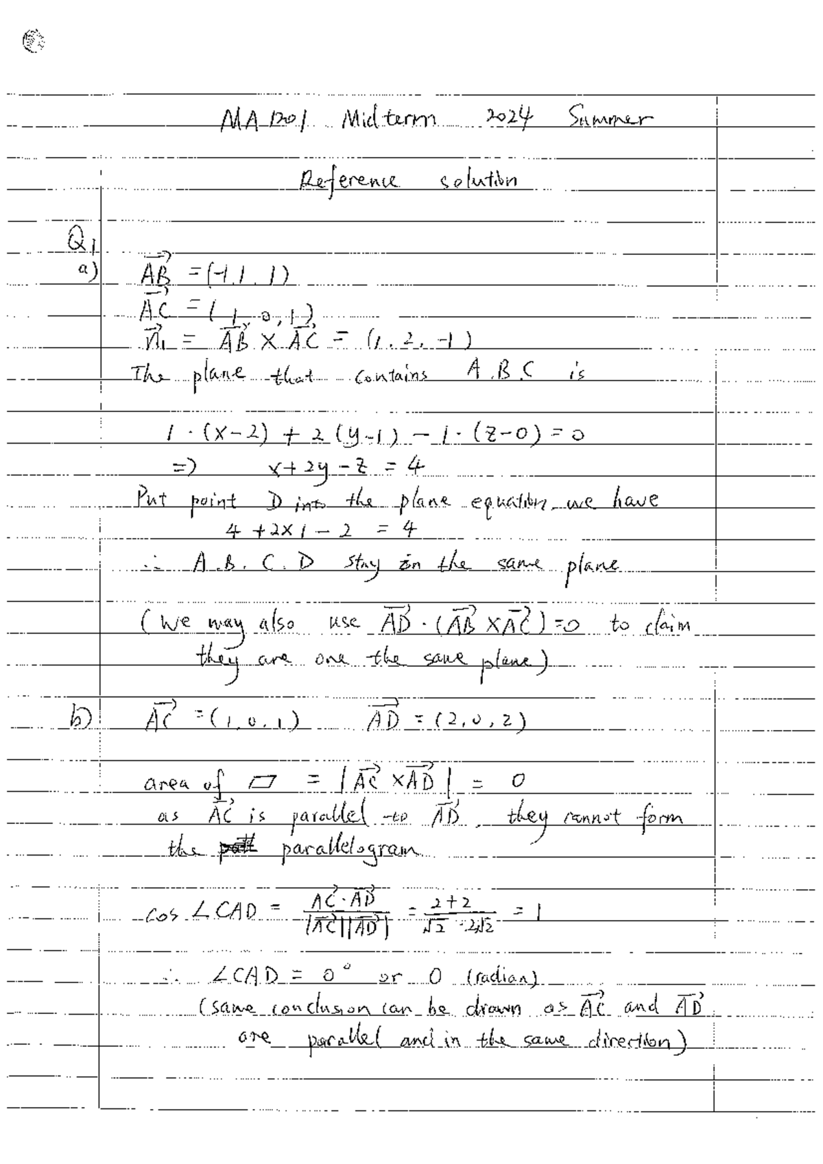 MA1201 Midterm reference solution 2024 Summer - MA 1201 Mid term 2024 Summer Reference solution ...