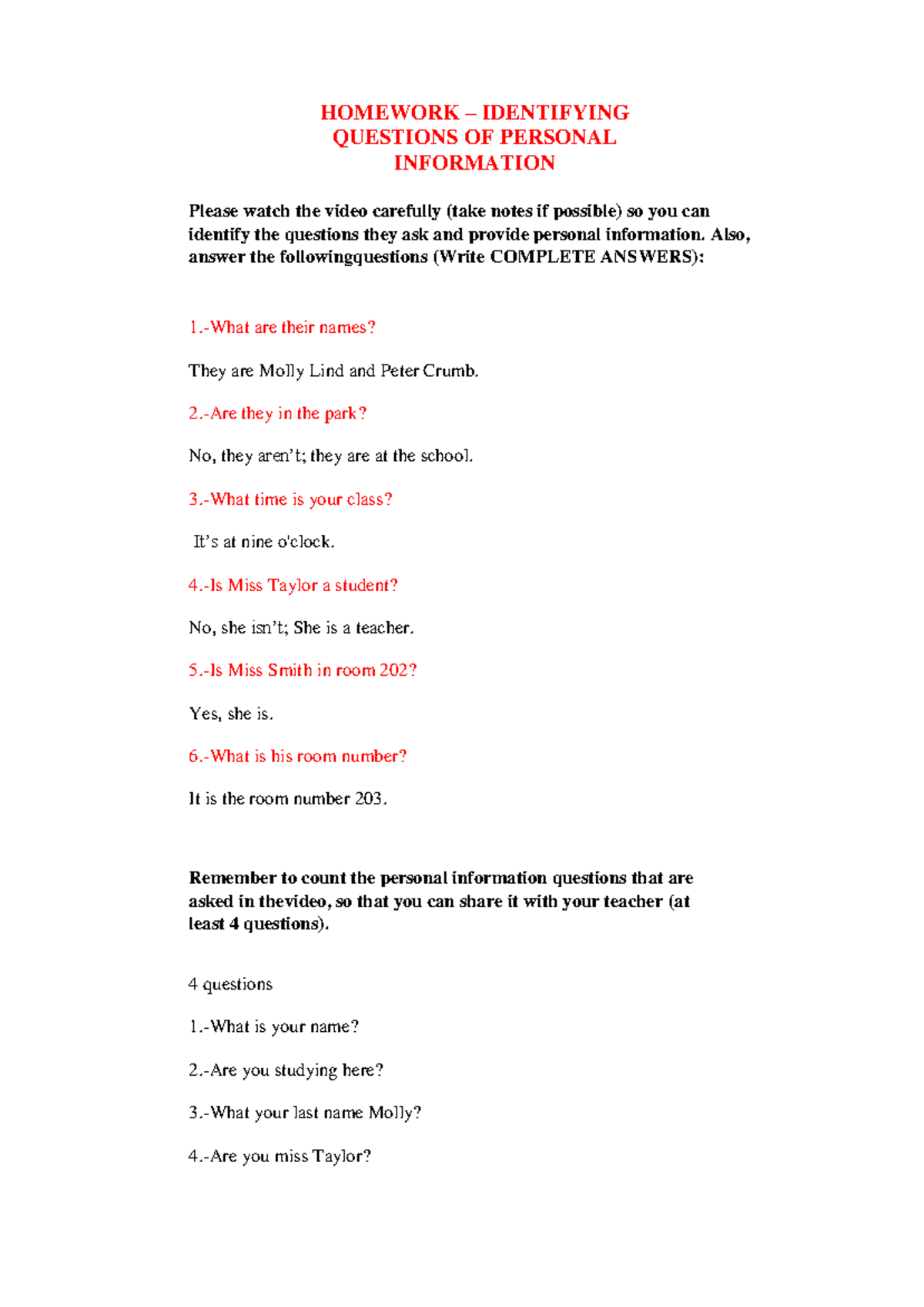 Homework - Identifying questions of personal information - HOMEWORK ...