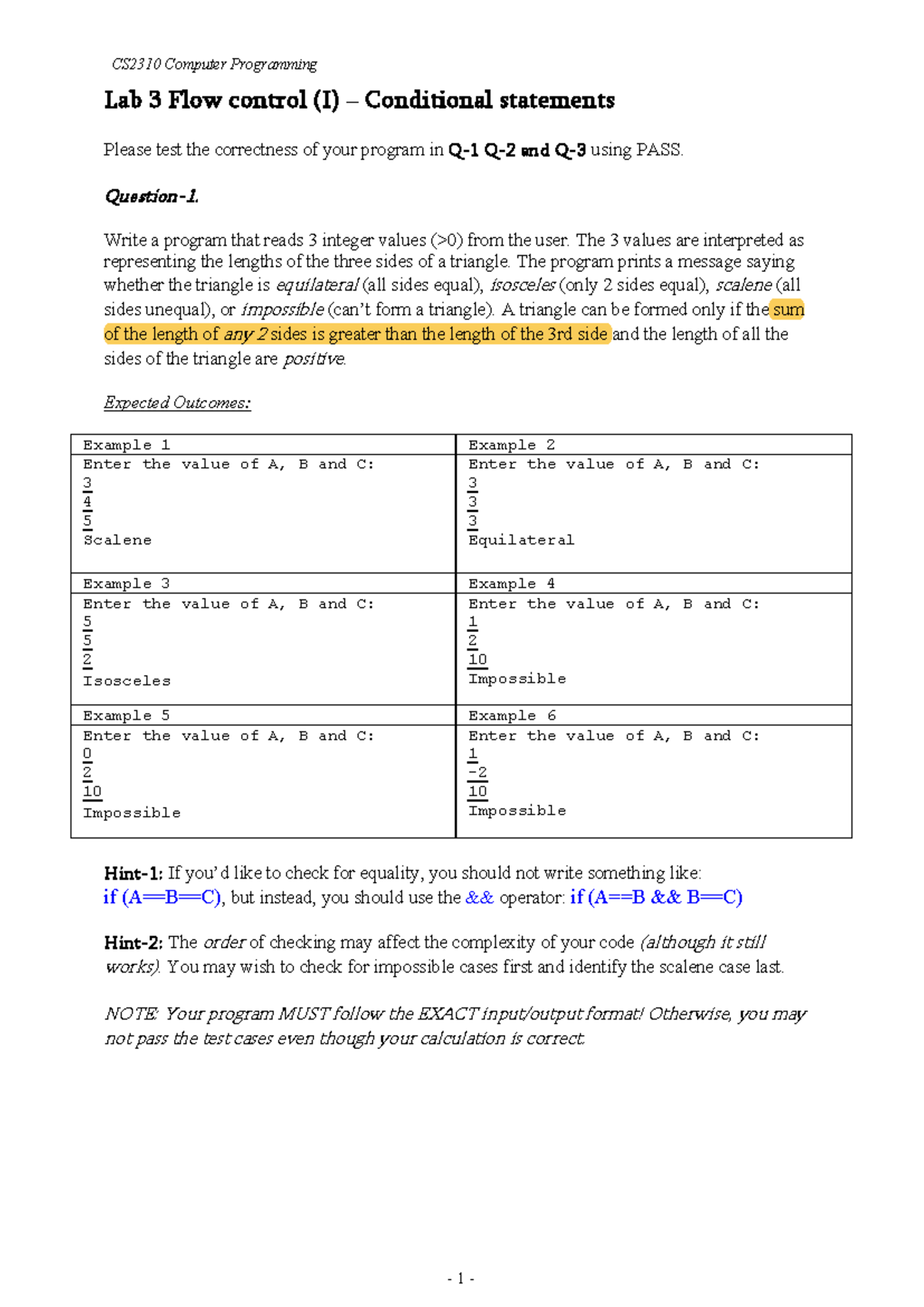 Lab03 Lab Lab 3 Flow Control I Conditional Statements Please Test The Correctness Of