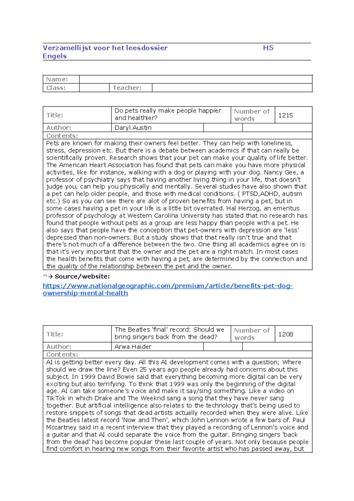Verzamellijst voor het leesdossier H5 Engels - Verzamellijst voor het ...
