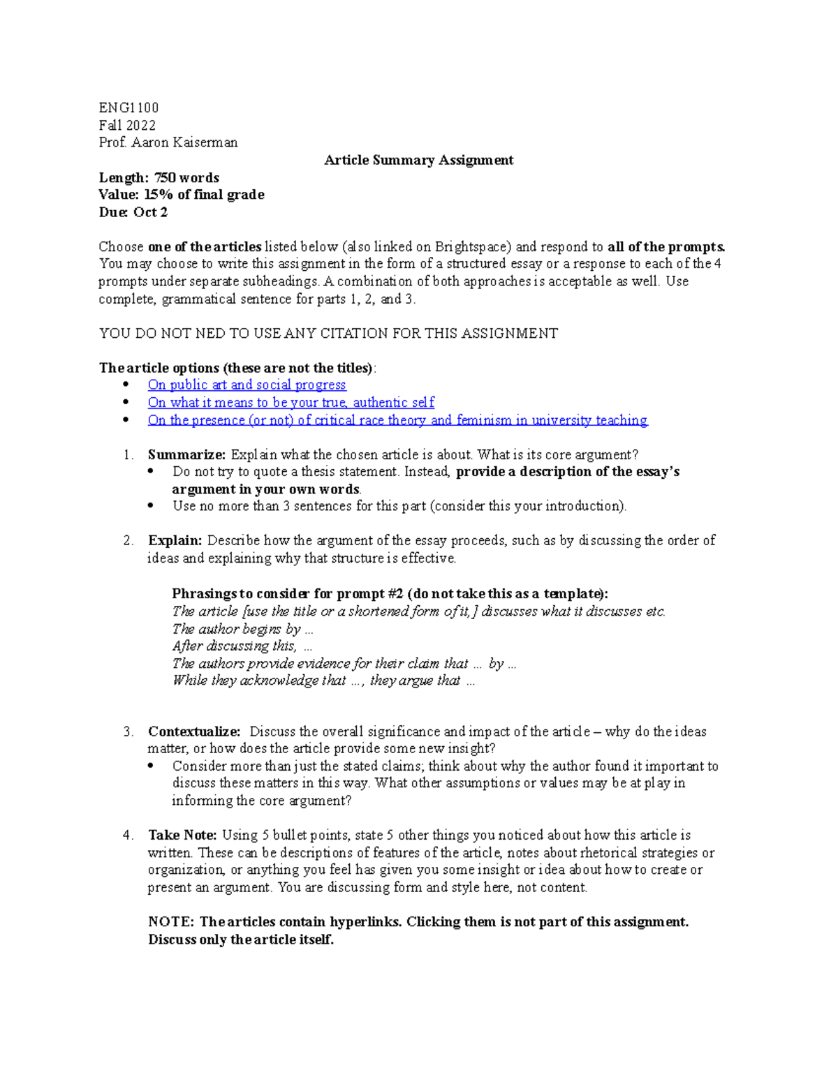 Article Summary Assignment ENG1100 Fall 2022 - ENG Fall 2022 Prof ...