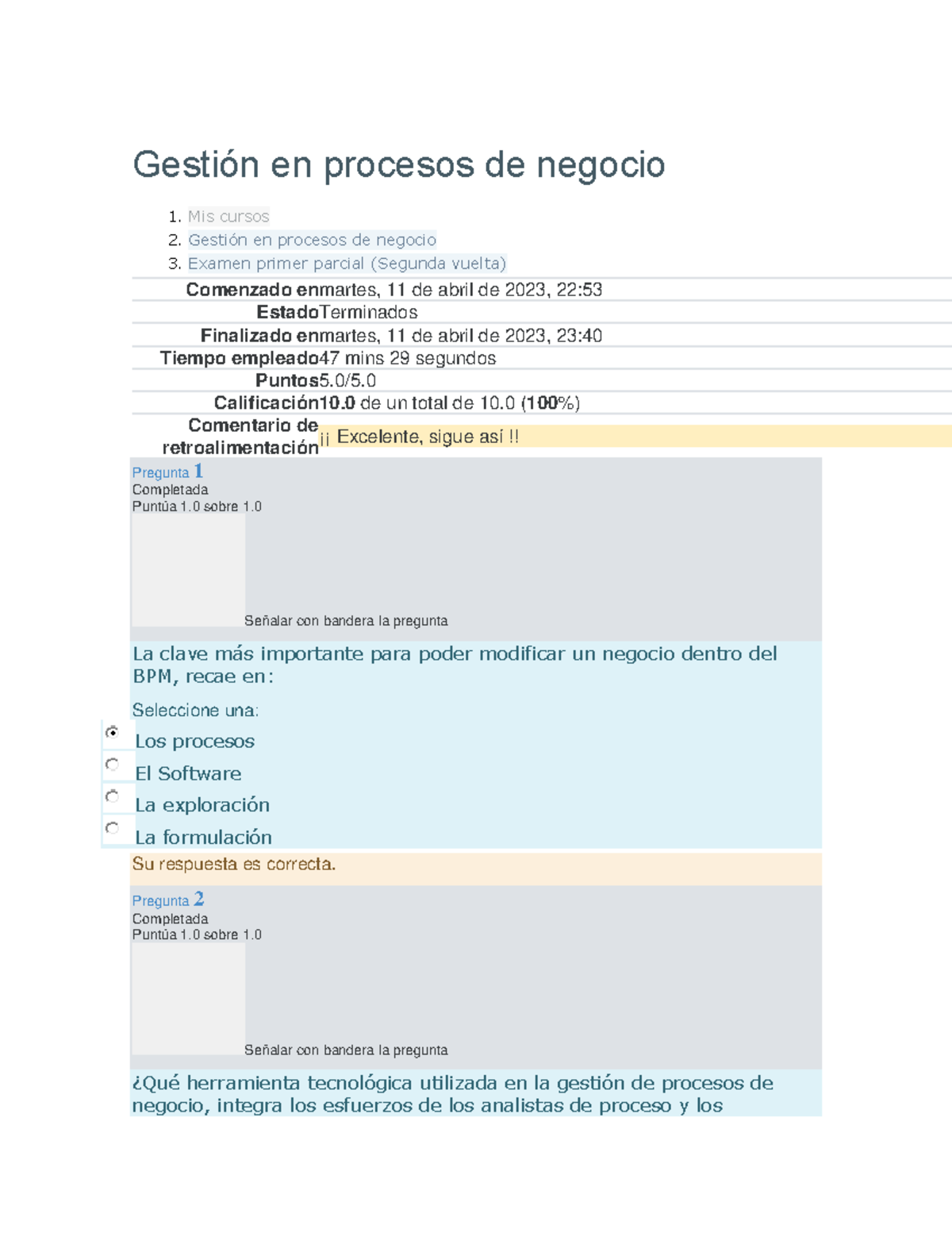 Examen 1 Gestión en procesos de negocio - Gestión en procesos de negocio 1. Mis cursos 2 ...