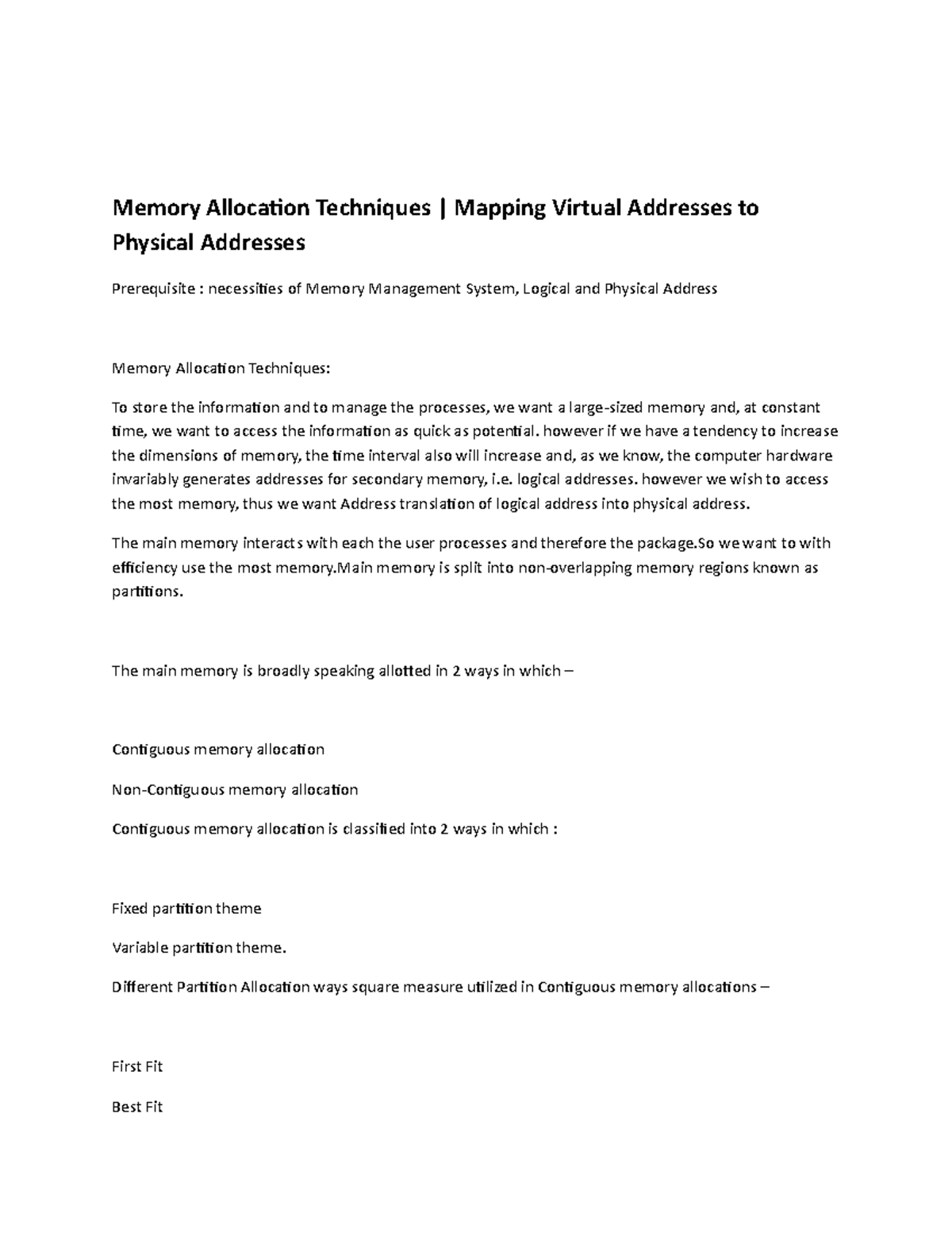 Memory Allocation Techniques Mapping Virtual Addresses to Physical Addresses - Memory Allocation ...