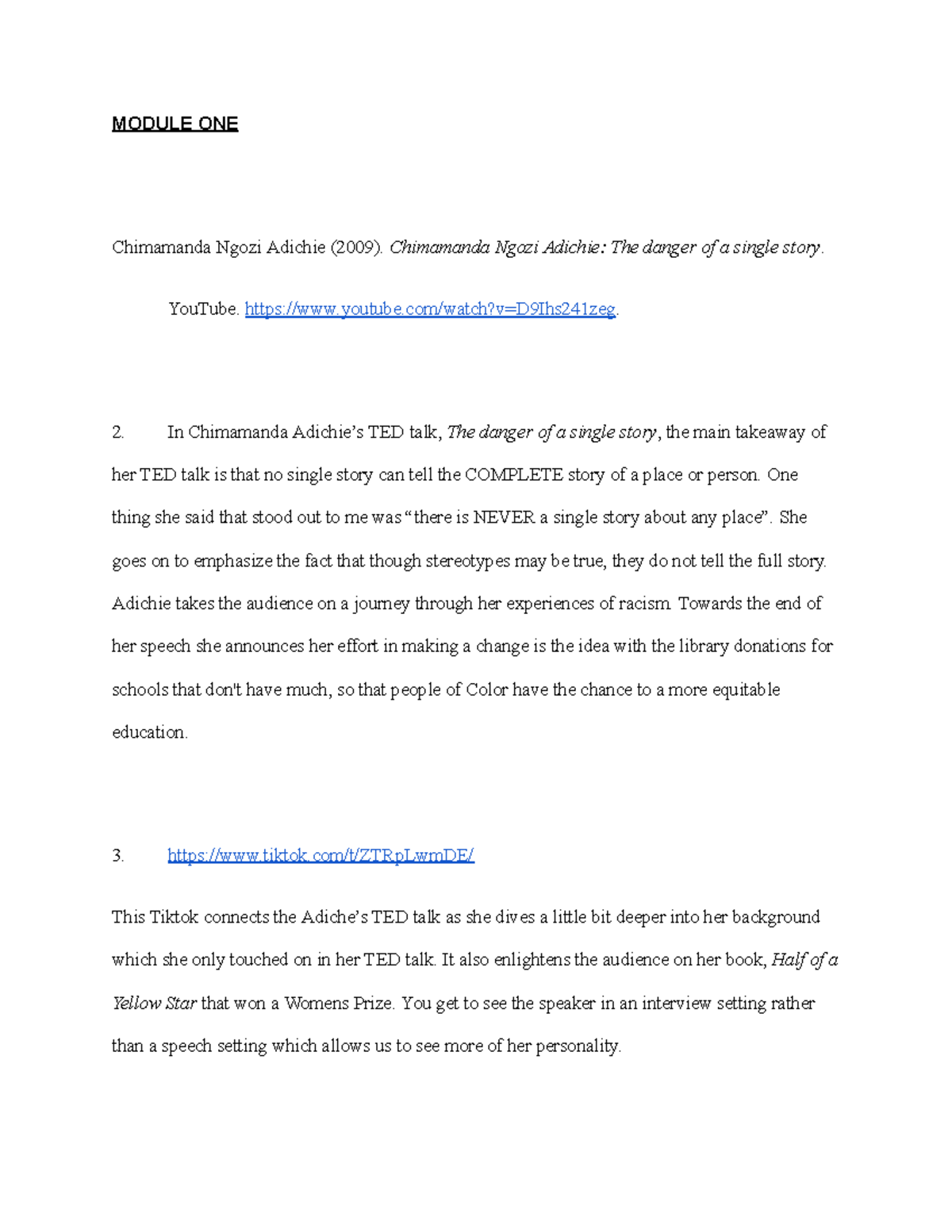 TE 101 Module 1 - on articles given in class - MODULE ONE Chimamanda ...