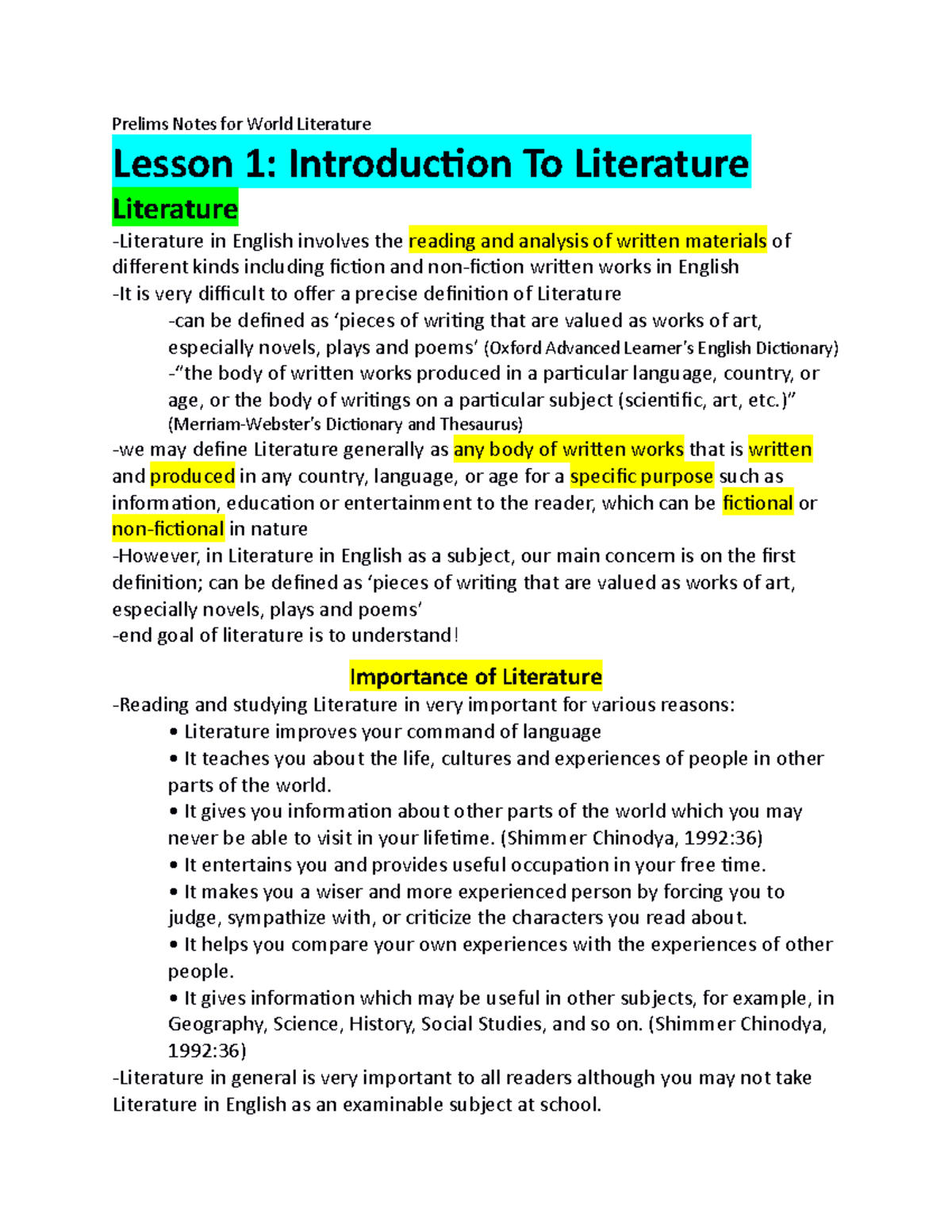 Prelims Notes for World Literature ver2 - Prelims Notes for World ...