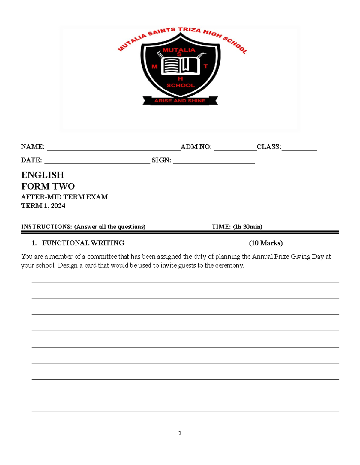 English F2 EXAM MID TERM 1 - NAME ...