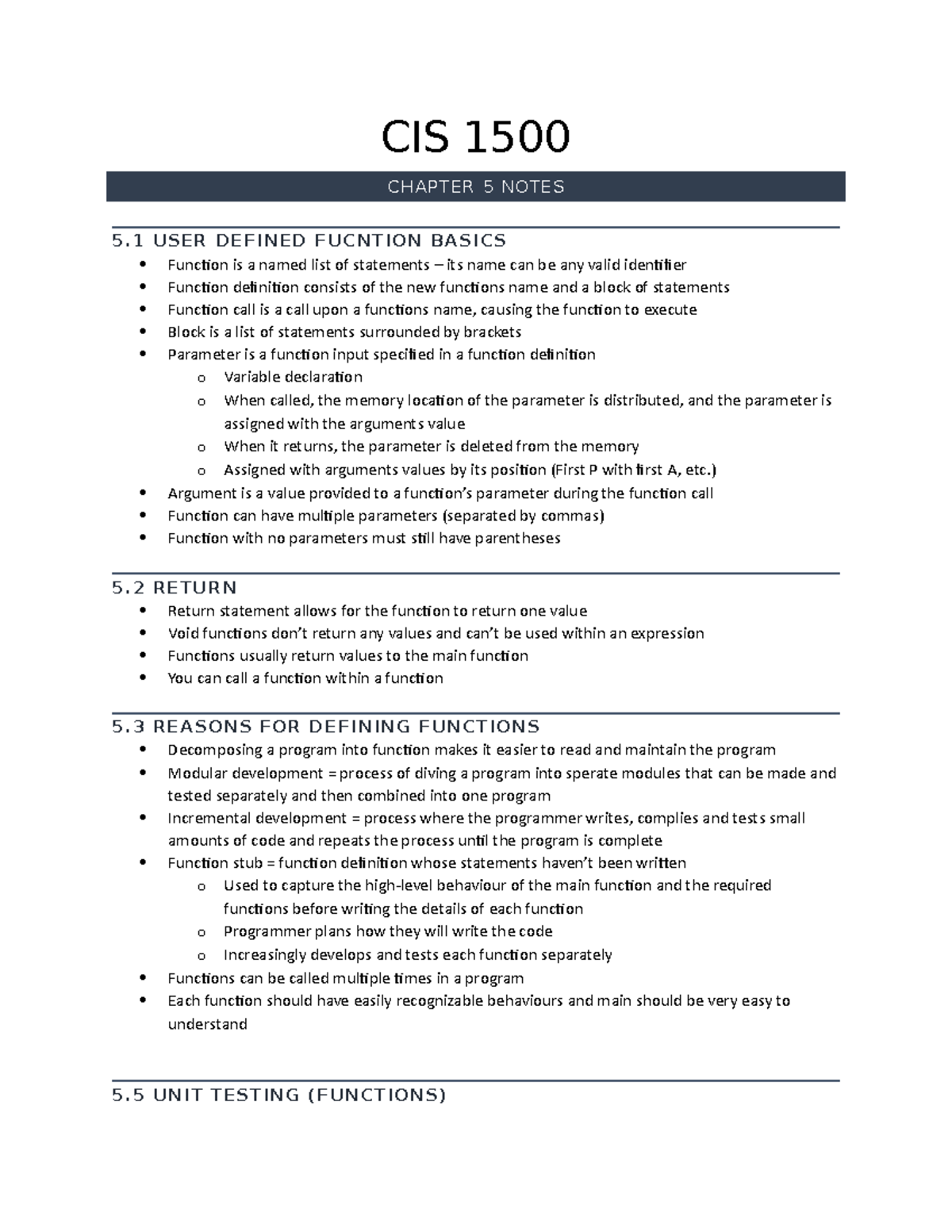 Chapter 5 Notes - CIS 1500 CHAPTER 5 NOTES 5 USER DEFINED FUCNTION ...