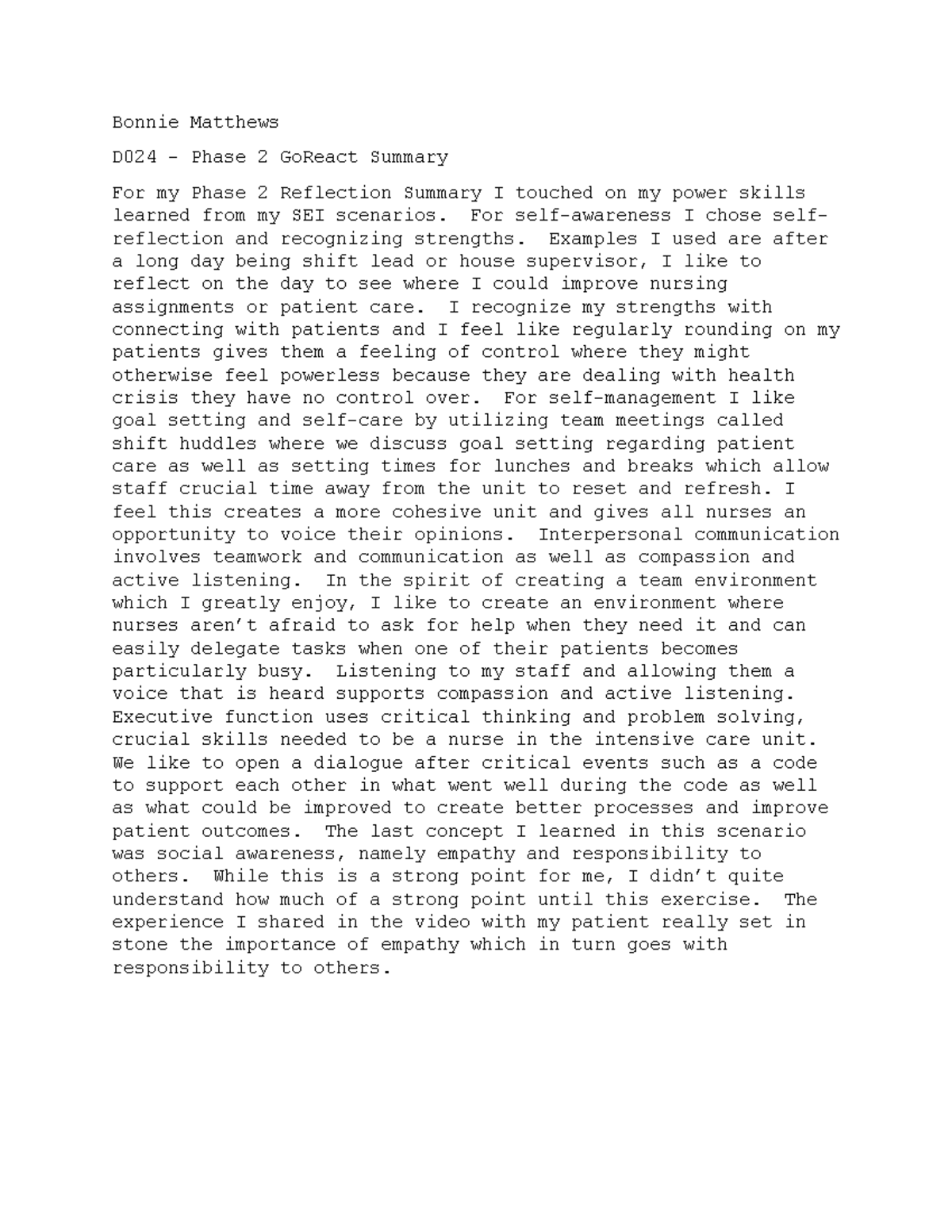 Go React Phase 2 Reflection Summary - Bonnie Matthews D024 - Phase 2 GoReact Summary For my ...