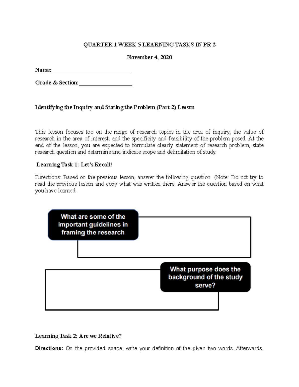 Quarter 1 WEEK 5 Learning Tasks IN PR 2 - QUARTER 1 WEEK 5 LEARNING ...