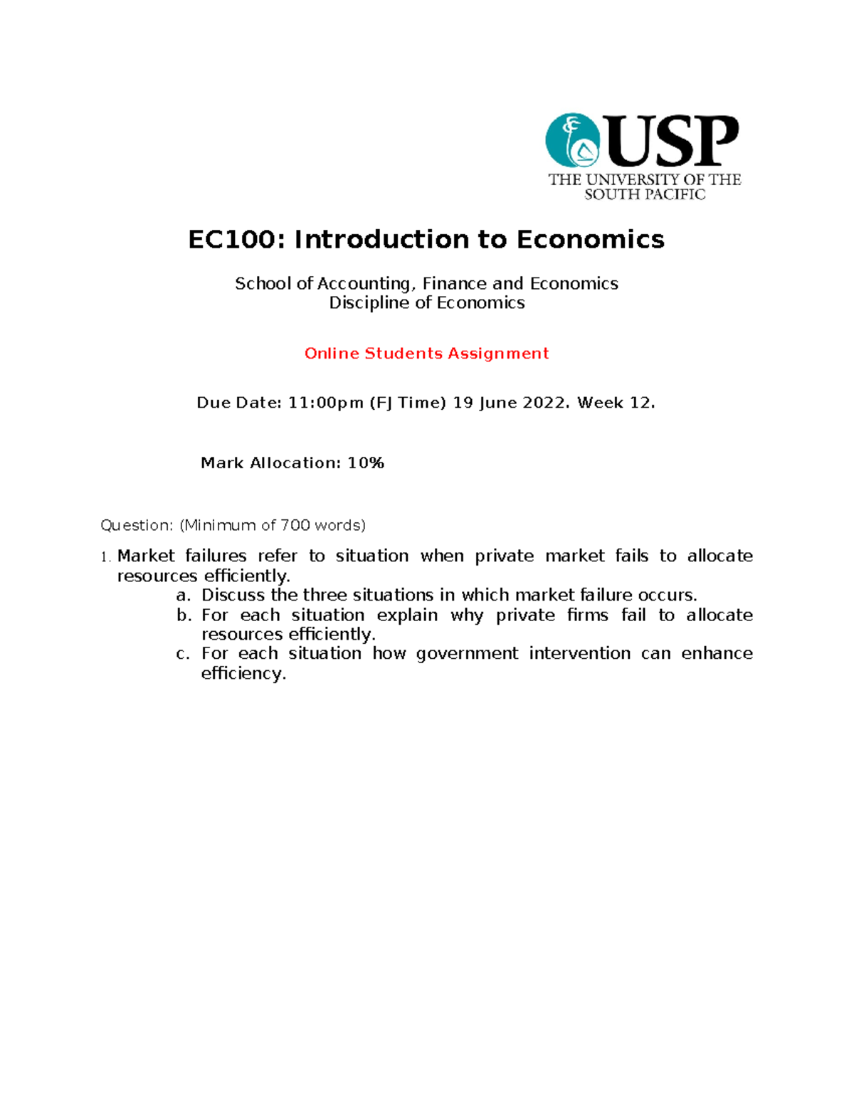 Online Assignment Ec100 Introduction To Economics School Of