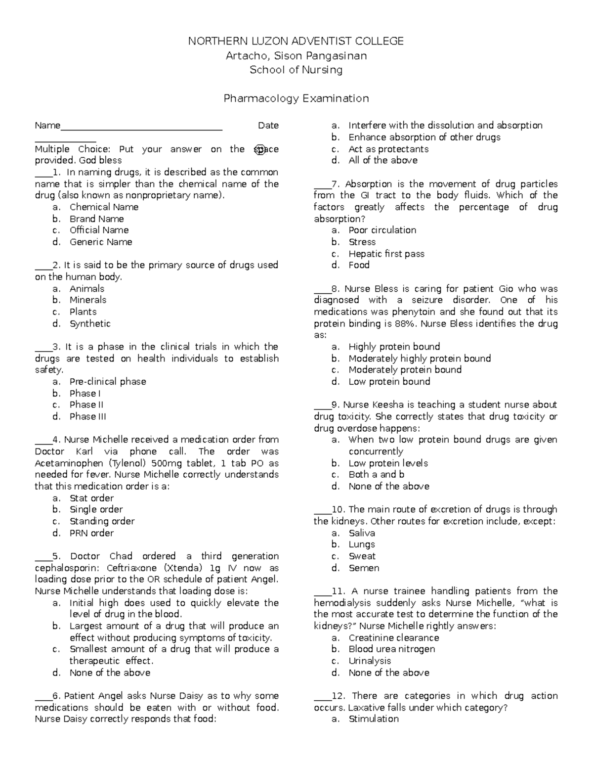 Pharma Exam Old - Old Exam for Practice - NORTHERN LUZON ADVENTIST ...