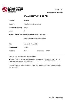 Sport and the British Empire - Sheet 1 of 2 Module Code: HIST PLEASE ...