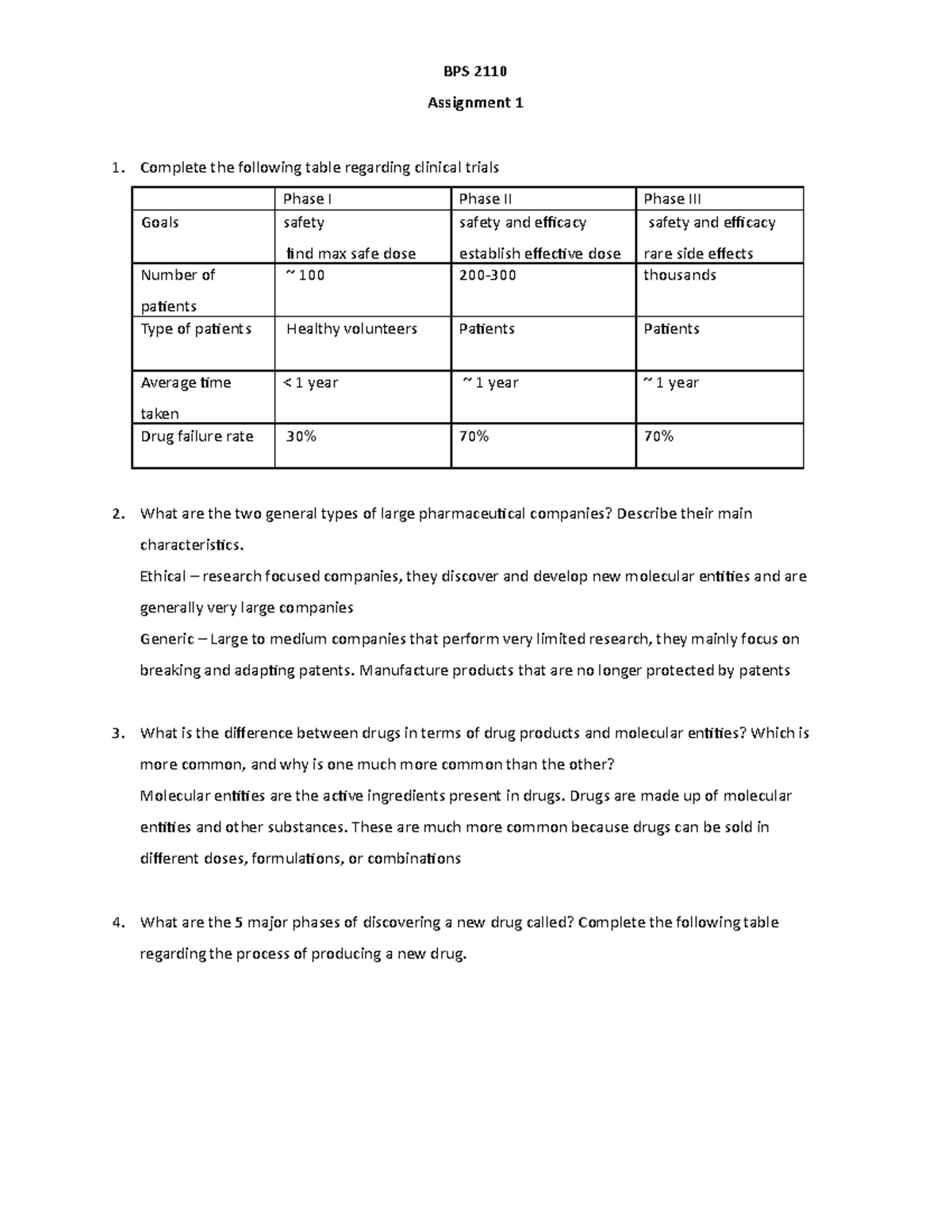 BPS 2110 assign 1 2020 - BPS 2110 Assignment 1 Complete the following table regarding clinical ...