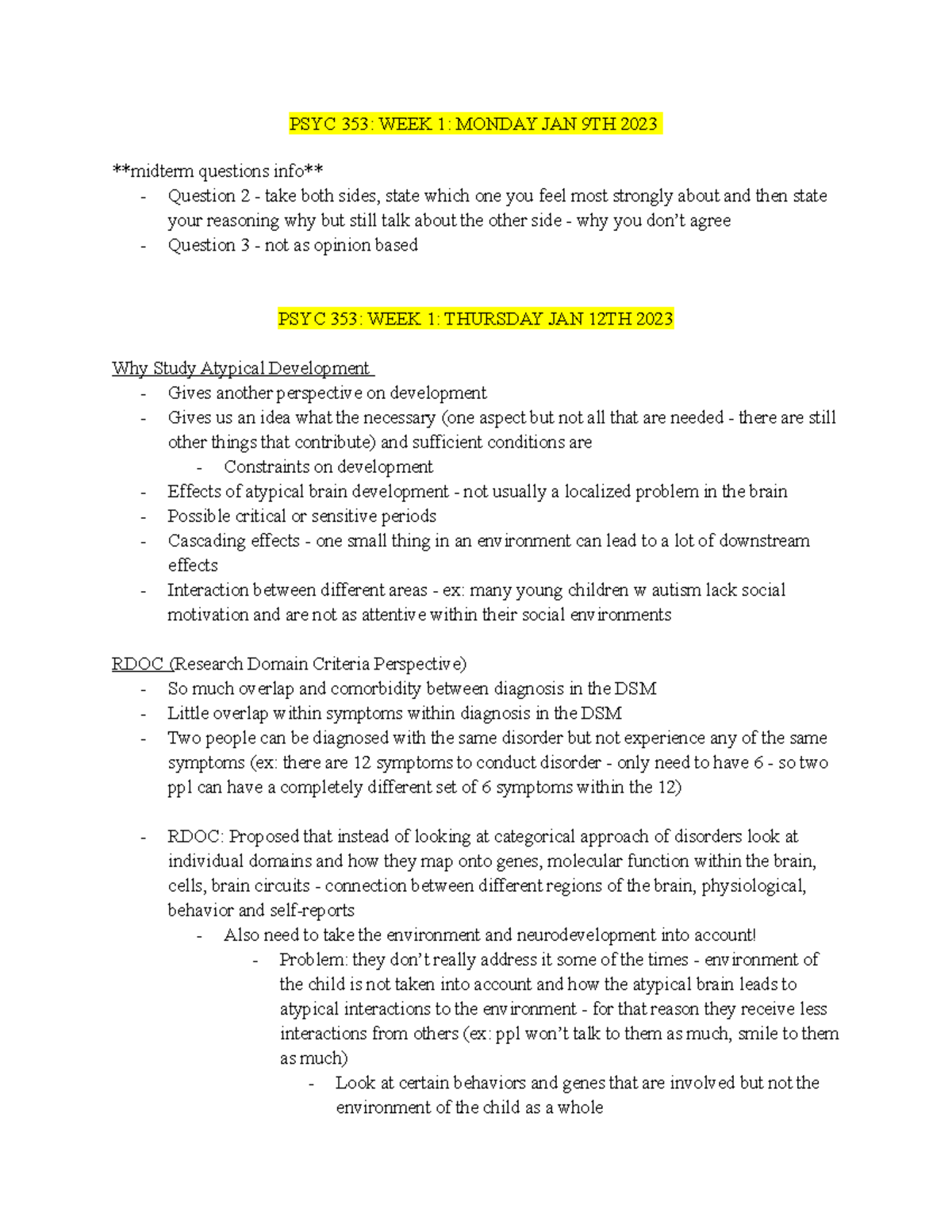 PSYC 353 - WEEK 1 Lecture - PSYC 353: WEEK 1: MONDAY JAN 9TH 2023 midterm questions info ...