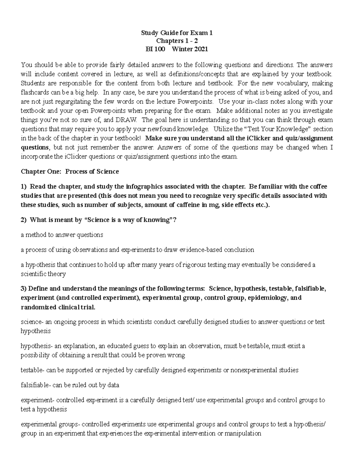 Biology Exam 1 Study Guide - Study Guide for Exam 1 Chapters 1 - 2 BI ...