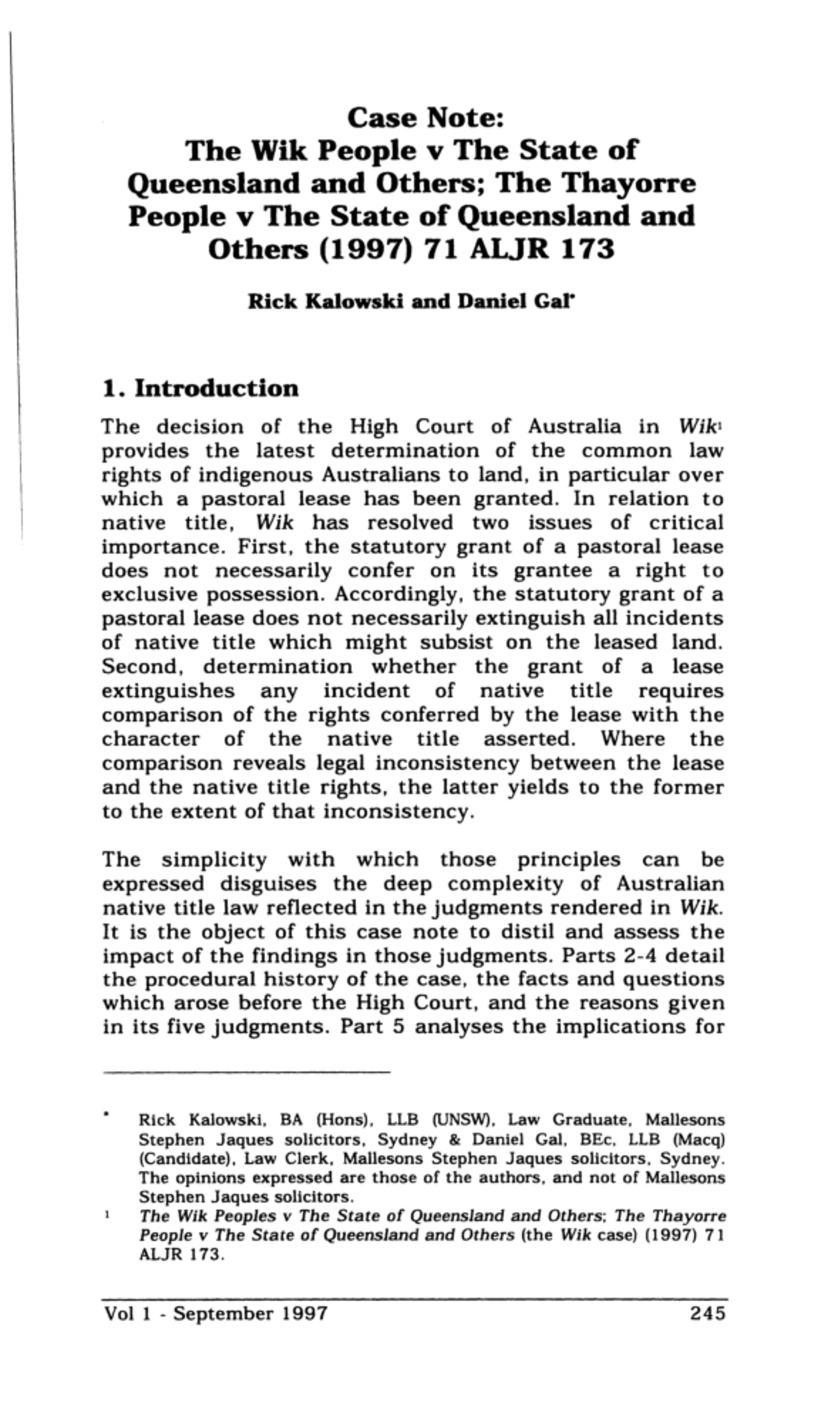 Case note exemplar - Case Note: The Wik People v The State of ...