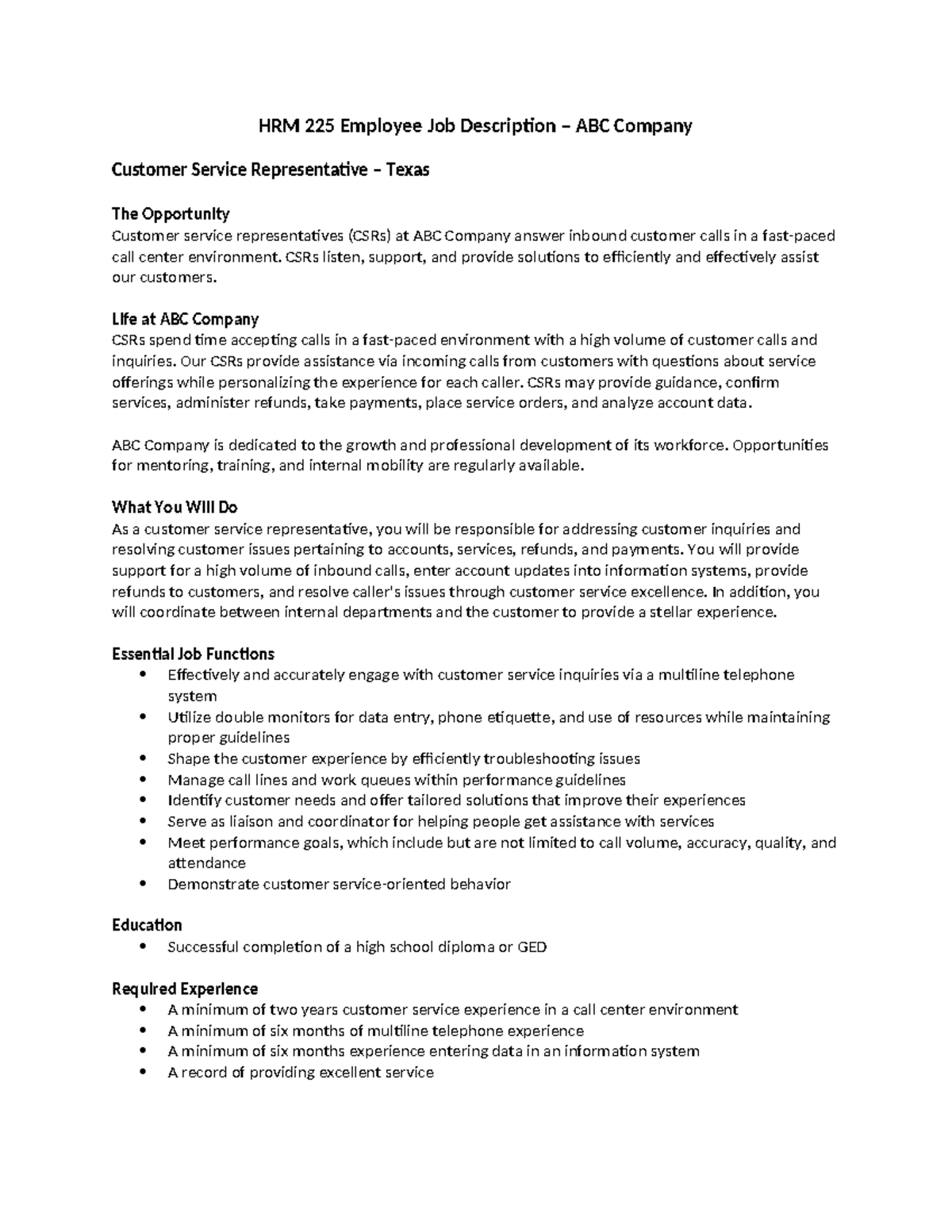 HRM 225 Employee Job Description – ABC Company(1) - HRM 225 Employee ...