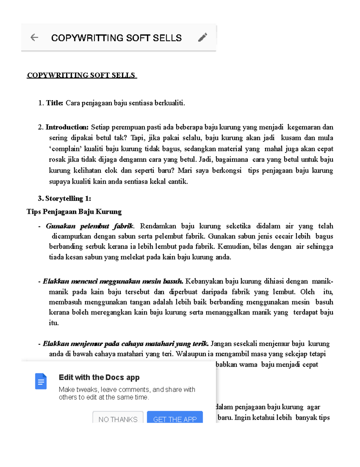 Copywritting SOFT Sells - COPYWRITTING SOFT SELLS Title: Cara penjagaan ...