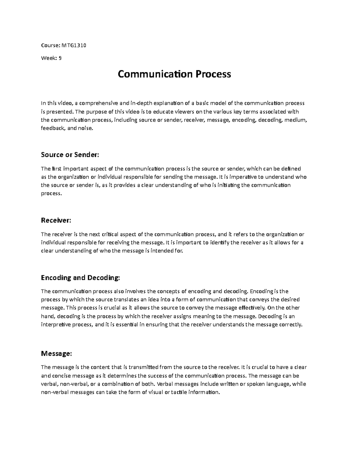 Communication Process - Course: MTG Week: 9 Communication Process In ...