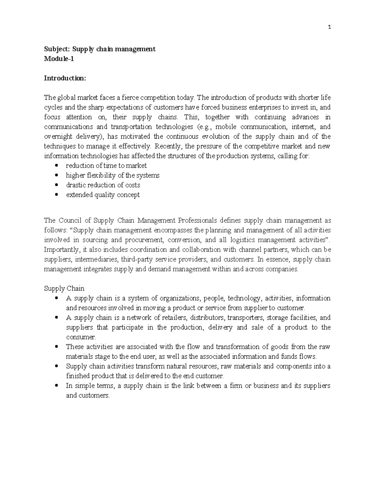 SCM Module 1-5 - Subject: Supply chain management Module- Introduction: The global market faces ...