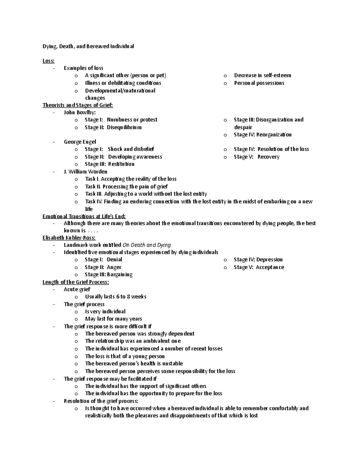 Dying - Outline - Dying, Death, and Bereaved Individual Loss ...
