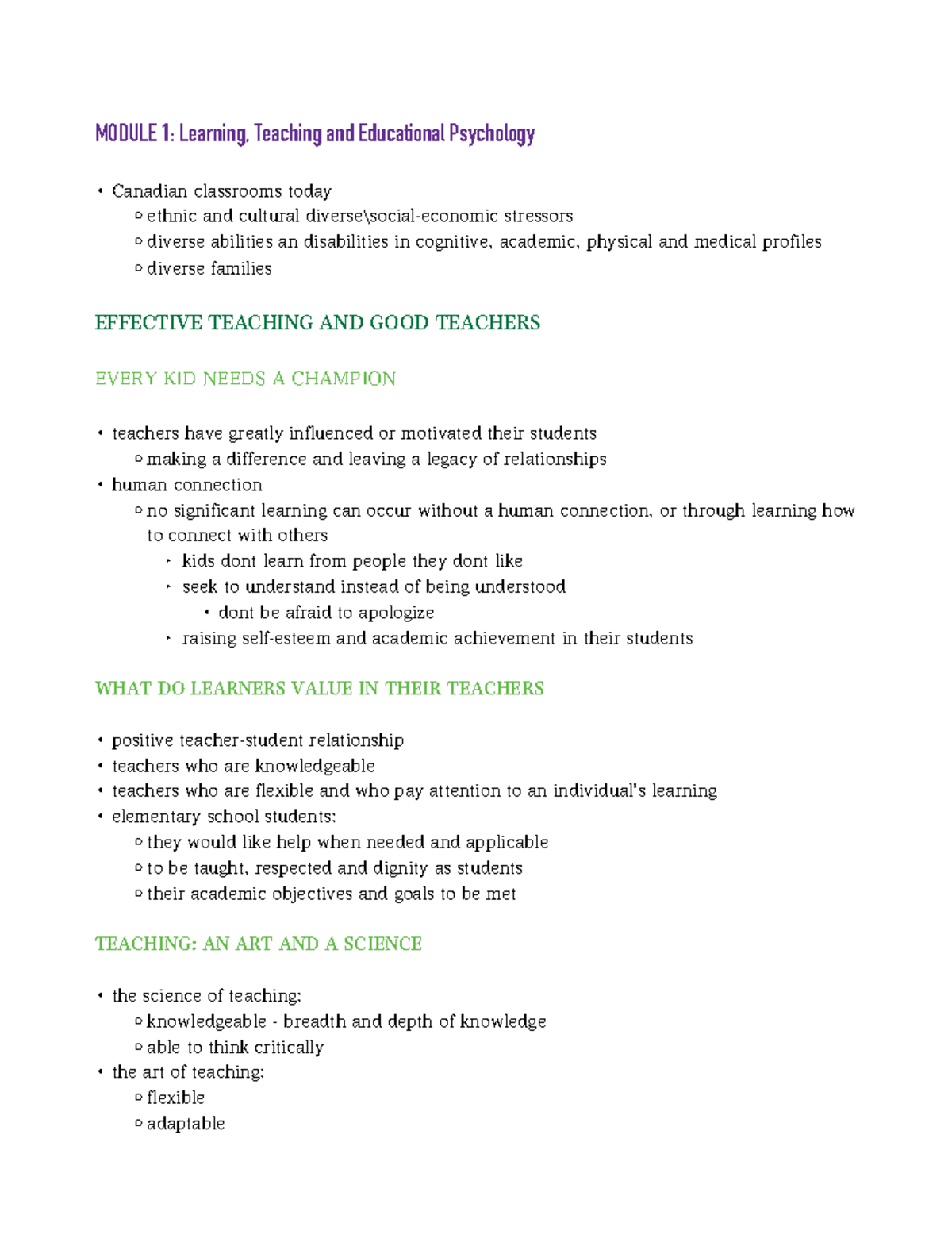 Module 1 - notes - EDUC 210 - MODULE 1: Learning, Teaching and ...