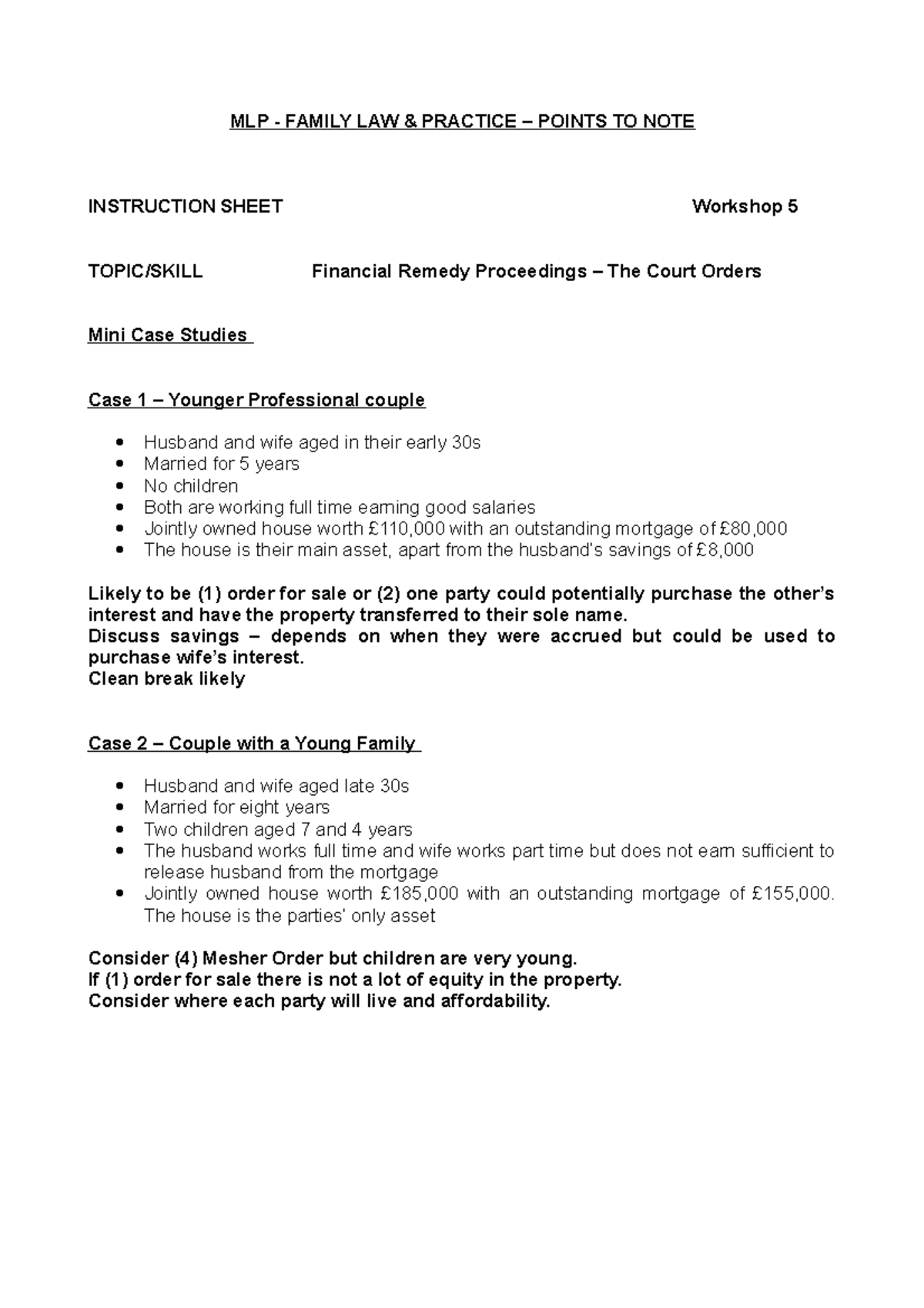 Workshop 5 Points to Note - MLP - FAMILY LAW & PRACTICE – POINTS TO ...