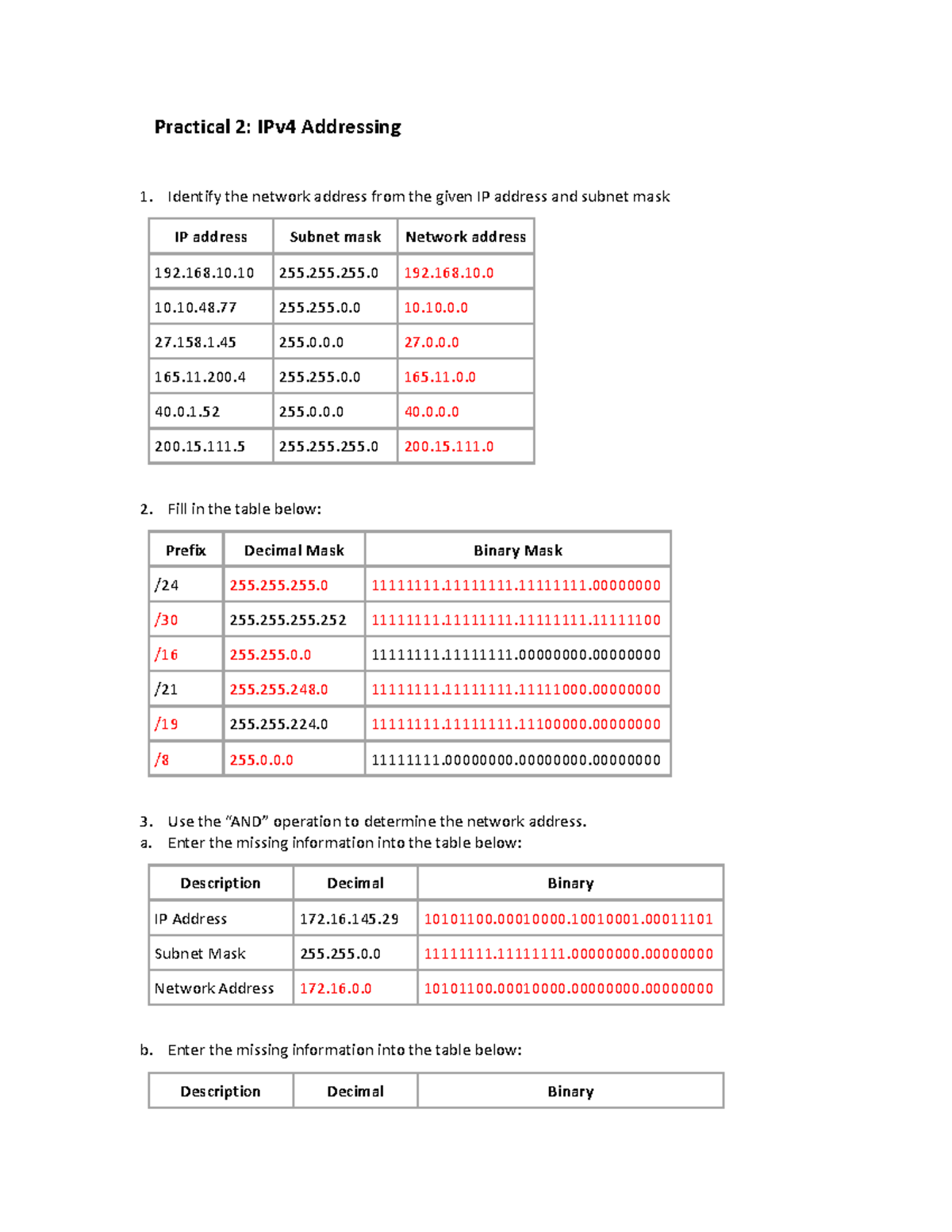 HIT274 Tutorial 2 - Practical 2: IPv4 Addressing Identify the network ...