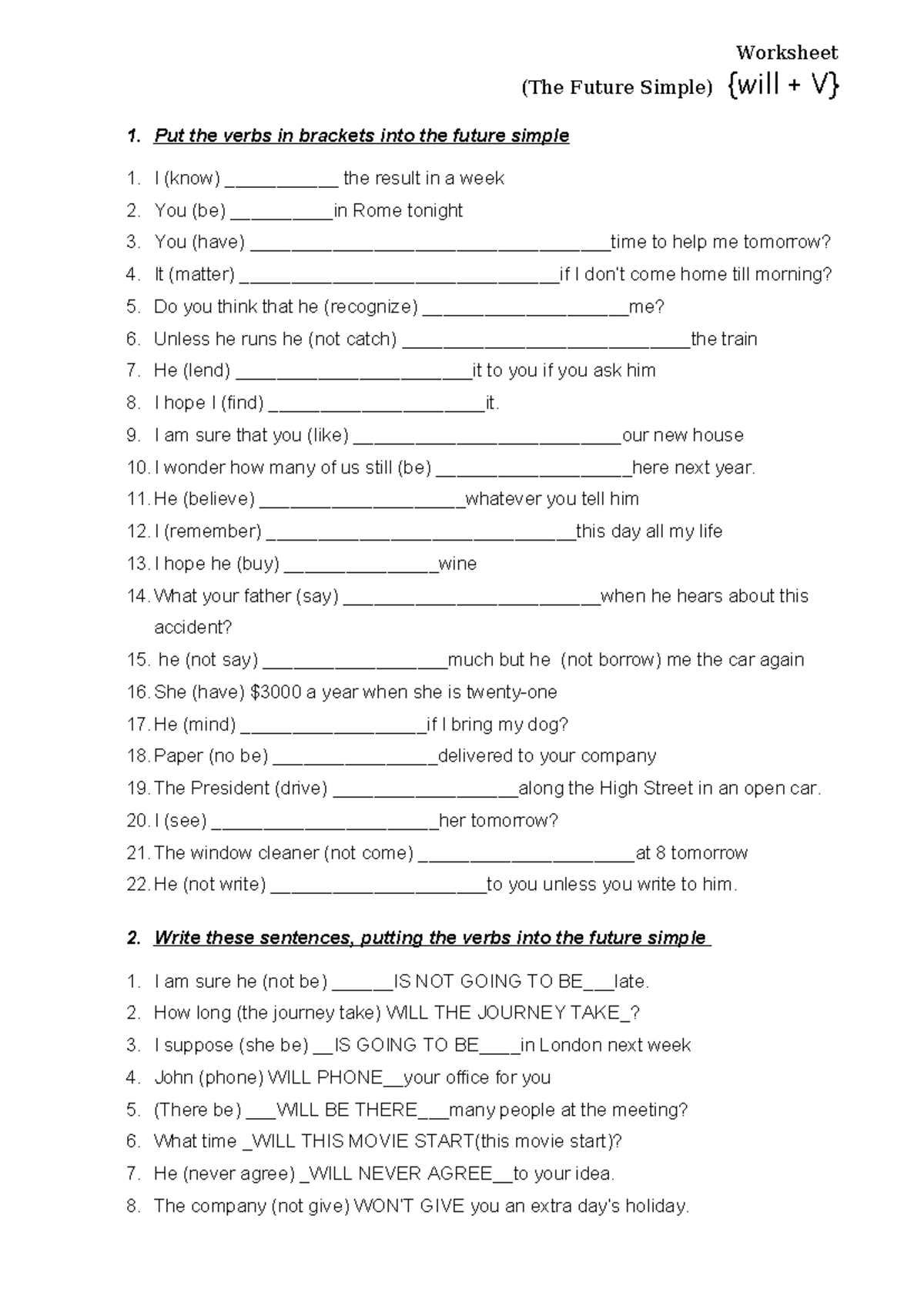 Exercises WITH WILL - ingles - Worksheet (The Future Simple) {will + V ...