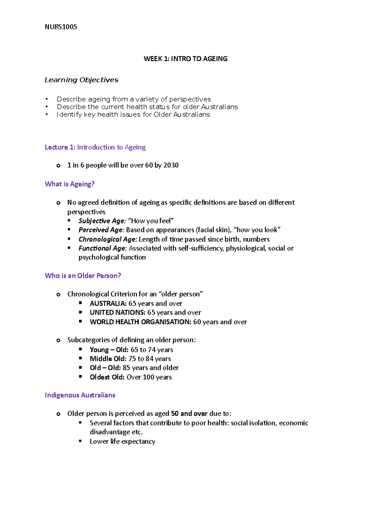 WEEK 1- Ageing Intro - NURS WEEK 1: INTRO TO AGEING Learning Objectives ...
