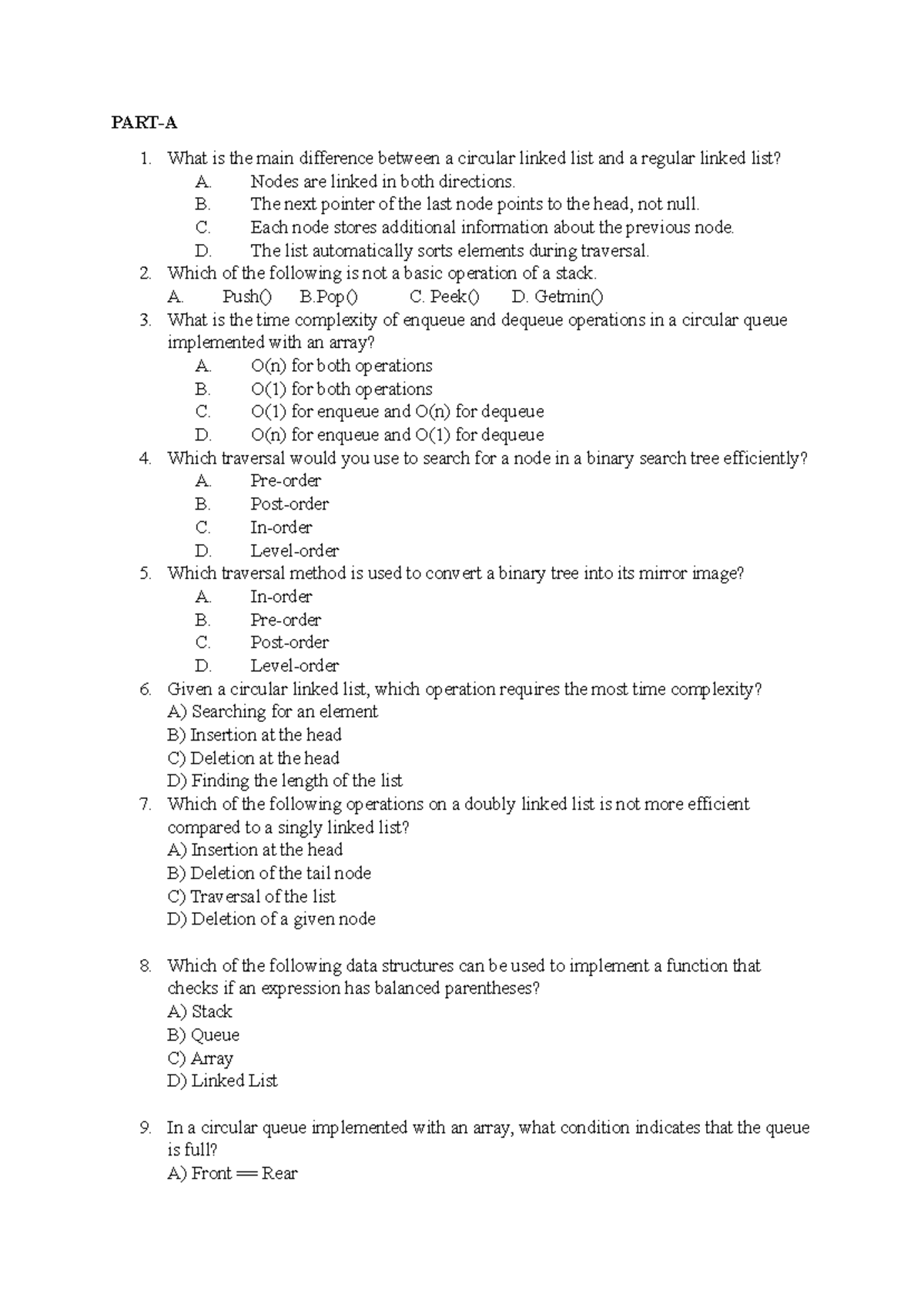 DSA Question Bank - PART-A What is the main difference between a circular linked list and a ...