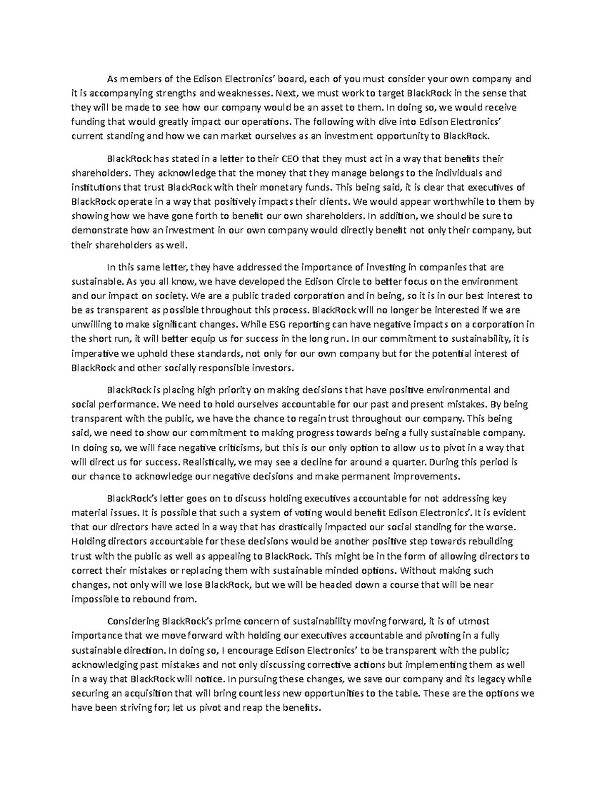 Learning Lab 2 Busmgt 364 - As members of the Edison Electronics’ board ...