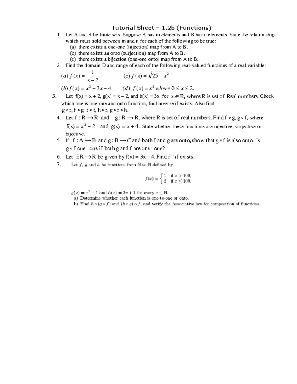 Tutorial Sheet 2 Functions Tutorial Sheet 1 Functions Let A And B