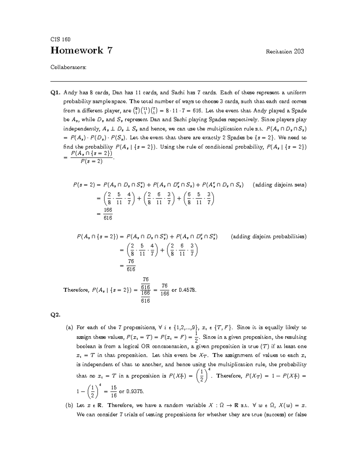 Homework 7 - Set Theory & DP - CIS 160 Homework 7 Recitation 203 Collaborators: Q1 has 8 cards ...