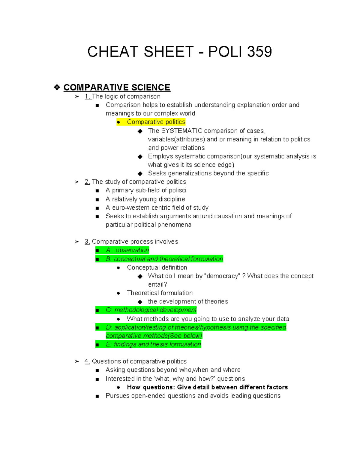 POLI 359 - Summary - CHEAT SHEET - POLI 359 COMPARATIVE SCIENCE 1. The ...